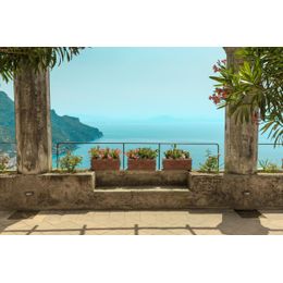 Fototapete papermoon "PERGOLA-TERRASSE STRAND KLIPPEN K&Uuml;STE BLUMEN GEBIRGE", bunt, B:3m L:2,23m, Vlies, Tapeten