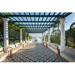 Fototapete papermoon "PERGOLA-RHODOS BLUMEN SEE MEER TERRASSE PALMEN D&Uuml;NEN", bunt, B:3m L:2,23m, Vlies, Tapeten