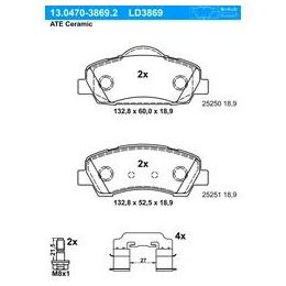 ATE Bremsbelagsatz, Scheibenbremse Ceramic 13.0470-3869.2 vorne rechts links mit Zubeh&ouml;r f&uuml;r PEUGEOT 1610699280