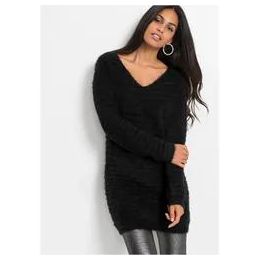 Longpullover bonprix "Flauschiger Long-Pullover", Damen, Gr. 48/50 (XL), schwarz, Strick, Obermaterial: 70% Polyamid, 30% Polyacryl, unifarben, bequem ca. Mitte Oberschenkel, V-Ausschnitt, Strickb&uuml;ndchen, Pullover Longpullover, aus flauschigem Material, bequeme Passform, femininer Stil
