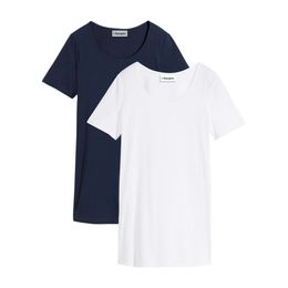 T-Shirt bonprix, Damen, Gr. 56/58 (XXXL), dunkelblau, wei&szlig;, Jersey, Obermaterial: 95% Baumwolle, 5% Elasthan, unifarben, loose fit ca. Mitte Oberschenkel, Rundhals, Shirts T-Shirt, lockerer loose fit, Halbarm, Longshirt