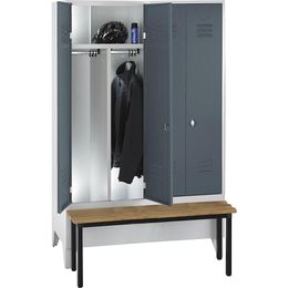 Wolf Schwarz-Wei&szlig;-Spind Berlin 2 mit Sitzbank, Trennwand mittig, 2 Abteile, lichtgrau/blaugrau, B 1200 mm, vorgebaut, Buchenholz