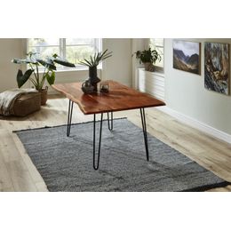 Baumkantentisch HANNAH / nussbaumfarben / 90x90 / Hairpin-Gestell Schwarz