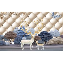 Fototapete papermoon "Muster mit Hirschen gold blau wei&szlig;", bunt, B:3m L:2,23m, Vlies, Tapeten