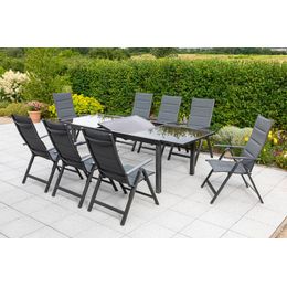 Garten-Essgruppe Merxx "Taviano", grau (anthrazit, anthrazit, grafit), Polyester, Aluminium, Polyester, Sicherheitsglas, Sitzm&ouml;bel-Sets, 8 Klappsessel, 5-fach verstellbar, Ausziehtisch