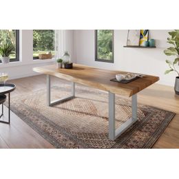 Baumkantentisch ATLAS 200 / Akazie naturfarben / 200x100 / U-Gestell Silber