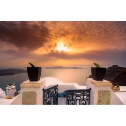 Fototapete papermoon "TERRASSE-SANTORINI SEE MEER STRAND PALMEN D&Uuml;NEN SCHIFFE", bunt, B:3m L:2,23m, Vlies, Tapeten