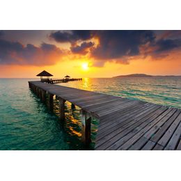 Fototapete papermoon "HOLZ-BR&Uuml;CKE-STEG MEER OZEAN SEE THAILAND STRAND SONNE", bunt, B:3m L:2,23m, Vlies, Tapeten