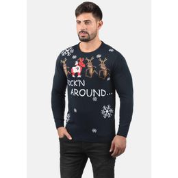 Strickpullover Blend "BHRudolph", Herren, Gr. M, blau (schwarz navy, dance), Feinstrick, 100% Polyacryl, regular fit, ohne Ausschnitt, eingesetzt, Pullover Strickpullover, Strickpullover mit Weihnachtsmotiv