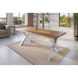 Baumkantentisch ATLAS 220 / Mango roughfarben / 220x100 / X-Gestell Silber