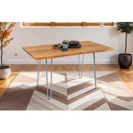 Baumkantentisch HANNAH / naturfarben / 140x80 / Hairpin-Gestell Silber