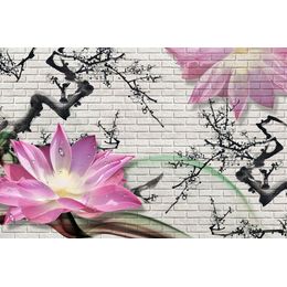 Fototapete papermoon "LOTUSBLUME-STEINWAND GRAFFITI BLUMEN 3D DESIGN BLUME", bunt, B:3m L:2,23m, Vlies, Tapeten