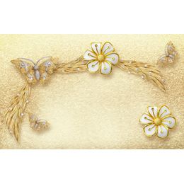 Fototapete papermoon "Muster Blumen gold wei&szlig;", bunt, B:3m L:2,23m, Vlies, Tapeten