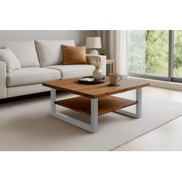 Couchtisch PATRICK / Akazie honigfarben / 90x90 / U-Gestell Silber