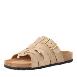 Pantolette Tamaris, Damen, Gr. 37, taupe, Veloursleder, unifarben, Basic, Schuhe Pantolette, Schlupfschuh, Hausschuh, Sommerschuh mit Veloursleder-Fu&szlig;bett