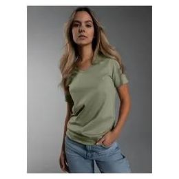 T-Shirt TRIGEMA "TRIGEMA V-Shirt Slim Fit", Damen, Gr. S, salbei, Single Jersey, 100% Baumwolle, Basic, lang, V-Ausschnitt, Shirts T-Shirt