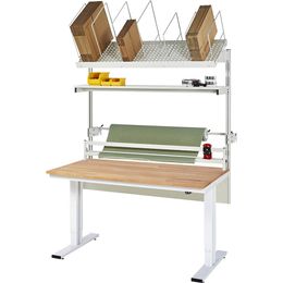 Rau Packtisch komplett 300, elektrisch h&ouml;henverstellbar, Set 2 mit Etagenbord, Schneidger&auml;t, Abrolleinheit, BxT 1500 x 1000 mm, Buchenplatte