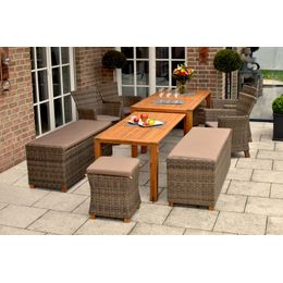 Garten-Essgruppe Merxx "Toskana", beige (natur, natur, natur), Polyester, Aluminium, Kunststoff, Massivholz, Polyester, Sitzm&ouml;bel-Sets, 4 Sessel, 2x 3er Sitzbank, 2x Hocker, inkl. Sitzkissen, Ausziehtisch
