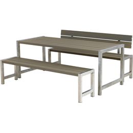 Garten-Essgruppe Plus "Plankengarnituren", grau (graubraun ral 7023 transparent), B:185cm H:81cm T:186cm, FSC-zertifizierter Holzwerkstoff, Stahl, Sitzm&ouml;bel-Sets, bestehend aus: Tisch und 2 B&auml;nke + 1 R&uuml;ckenlehne