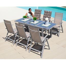 Garten-Essgruppe Merxx "Amalfi", grau (taupe), Obermaterial: 100% Polyester, Sitzm&ouml;bel-Sets, 6 Hochlehner, ausziehbarer Tisch 90x140-200 cm, Alu/Textil