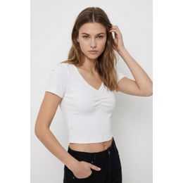 Kurzarmshirt Only "ONLBETTY LIFE S/S SCALLOP V-NECK CC JRS", Damen, Gr. XL, cloud dancer, Jersey, Obermaterial: 95% Baumwolle, 5% Elasthan, unifarben, h&uuml;ftlang, V-Ausschnitt, Shirts, mit Raffung am Ausschnitt