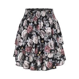 Sommerrock CLOUD 5IVE "CLOUD 5IVE Tiered Mini Skirt wit flower aop", Damen, Gr. L, schwarz, multi, 95% Polyester, 5% Elasthan, normal, R&ouml;cke