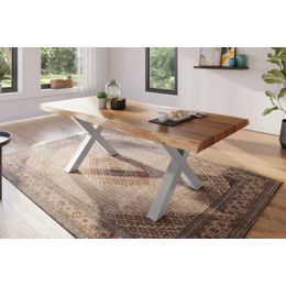 Baumkantentisch ATLAS / Akazie naturfarben / 220x100 / X-Gestell Silber