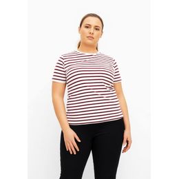 Kurzarmshirt Only CARMAKOMA "CARNEW SOPH SS Y/D STRIPE JEANS TEE JRS", Damen, Gr. M, rot (cloud dancer stripes:ruby wine), Jersey, Obermaterial: 100% Baumwolle, gestreift, Rundhals, Shirts