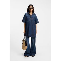 Polokleid BOSS Orange "POLO DRESS Premium Damenmode", Damen, Gr. S, N-Gr, dunkelblau 405, Denim/Jeans, Obermaterial: 53% Baumwolle, 34% Lyocell, 13% sonstige Fasern, unifarben, regular fit ca. Mitte Oberschenkel, weit abgesteppte Kante, Kleider, im Denim-Look, weite &Auml;rmel