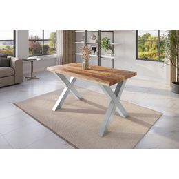 Baumkantentisch ATLAS 140 / Mango roughfarben / 140x80 / X-Gestell Silber