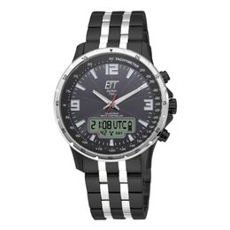 Funk-Multifunktionsuhr ETT "Professional WorldTimer", schwarz, silberfarben, Armbanduhren, Herren, Armbanduhr, Solar, Herrenuhr, Edelstahlarmband, analog, digital, Tag