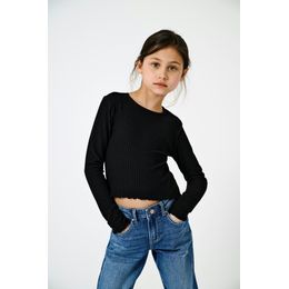 Langarmshirt KIDS Only "KOGNELLA L/S O-NECK TOP JRS NOOS", M&auml;dchen, Gr. 110/116, schwarz, Jersey, Obermaterial: 65% Polyester, 30% Viskose, 5% Elasthan, unifarben, regular fit normal, Rundhals, gewellter Abschluss, Shirts Langarmshirt, Materialmix