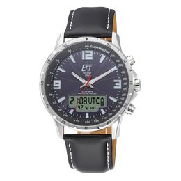 Funk-Multifunktionsuhr ETT "Professional WorldTimer", schwarz, Armbanduhren, Herren, Armbanduhr, Solar, Herrenuhr, Lederarmband, analog, digital, Tag