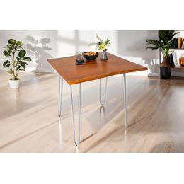 Baumkantentisch HANNAH / nussbaumfarben / 80x80 / Hairpin-Gestell Silber