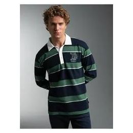 Poloshirt TRIGEMA "TRIGEMA Langarm Poloshirt mit Ringelmuster", Damen, Gr. XXL, navy, Single Jersey, 100% Baumwolle, Basic, ohne Ausschnitt, Shirts