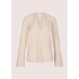 Madeleine Mode Langarmbluse MADELEINE "Streifenbluse Blusenshirt mit Streifendesign", Damen, Gr. 34, beige (beige, wei&szlig;), Obermaterial: 100% Baumwolle CO., Modern, figurumspielend, Blusen Langarmbluse, Bluse mit Rundhalsblende mit V-Ausschnitt