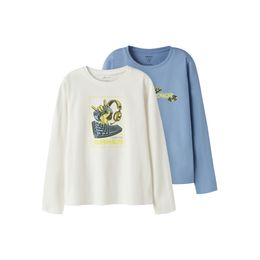 Langarmshirt name it "NKMVUX 2P LS TOP", Jungen, Gr. 158/164, cloud dancer pack:endless sky, Jersey, Obermaterial: 95% Baumwolle, 5% Elasthan, bedruckt, regular fit normal, Rundhals, Shirts Langarmshirt
