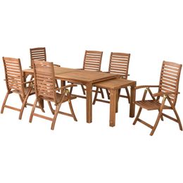 Garten-Essgruppe Merxx "Paraiba", braun (braun, braun, braun), Massivholz, Sitzm&ouml;bel-Sets, Garten-Essgruppe, 6 Klappsessel, 5-fach verstellbar, Ausziehtisch
