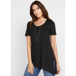 Longshirt bonprix, Damen, Gr. 40/42 (M), schwarz, Jersey, Obermaterial: 50% Baumwolle, 50% Viskose, unifarben, bequem Po-bedeckend, tiefer Rundhals, Shirts Longshirt, bequeme Passform, asymmetrischer Saum, mit Seitenschlitz