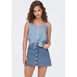 Tr&auml;gertop Only "ONLLECEY SL KNOT SINGLET NOOS WVN", Damen, Gr. L (40), blau (cloud dancer stripes medium blau), Web, Obermaterial: 63% Polyester, 27% Viskose, 10% Nylon, gestreift, regular fit normal, Rundhals, Tops Tr&auml;gertop, Materialmix, regular fit, V-Ausschnitt