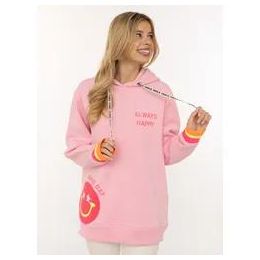 Hoodie Zwillingsherz "Always Happy", Damen, Gr. S/M, rosa, Sweatware, Obermaterial: 50% Baumwolle, 50% Polyester, unifarben, normal h&uuml;ftbedeckend, V-Ausschnitt, Sweatshirts Hoodie, Smiley aus Frottee, Neon-Details, Kapuze, Langarm