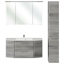 Badm&ouml;bel-Set SAPHIR "Quickset 3-teilig, Mineralmarmor-Waschtisch und LED-Spiegelschrank", grau (graphit struktur quer nachbildung), B:145cm H:200cm T:48cm, Holzwerkstoff, Kastenm&ouml;bel-Sets, Badm&ouml;bel-Set, mit Hochschrank, inkl. T&uuml;rd&auml;mpfer, 7 T&uuml;ren, 1 Klappe, 2 Schubladen