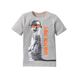 T-Shirt bonprix, Jungen, Gr. 128/134, hellgrau meliert bedruckt, Jersey, Obermaterial: 85% Baumwolle, 15% Polyester, bedruckt, meliert, regular fit normal, Rundhals, Shirts T-Shirt, normale Passform, Kurzarm, mit Rundhalsausschnitt