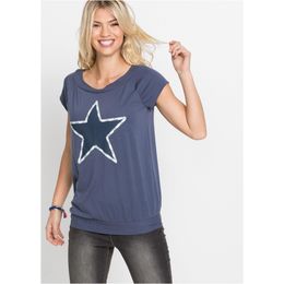 T-Shirt bonprix, Damen, Gr. 44/46 (L), indigo bedruckt, Jersey, Obermaterial: 64% Polyester, 32% Viskose, 4% Elasthan, bedruckt, unifarben, bequem h&uuml;ftlang, U-Boot-Ausschnitt, Raglan&auml;rmel, Shirts T-Shirt, bequeme Passform, U-Boot-Ausschnitt, Rippb&uuml;ndchen