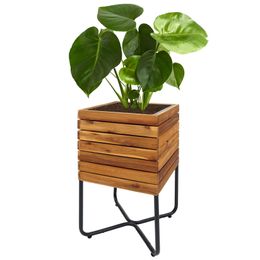 Pflanzkasten MCW-L25, Pflanzk&uuml;bel Blumenkasten, quadratisch 60x33x33cm Outdoor Stahl Akazie Holz MVG-zertifiziert, braun