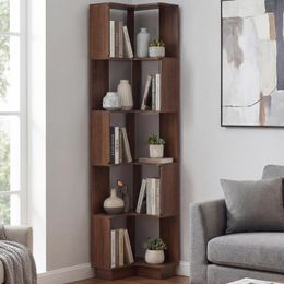 Eck-B&uuml;cherregal MCW-P53, Eckregal Standregal Wohnregal, 5 Ebenen MDF Melamin 175x40x40cm ~ braun