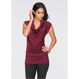 T-Shirt bonprix, Damen, Gr. 44/46 (L), bordeaux, Jersey, Obermaterial: 95% Viskose, 5% Elasthan, unifarben, figurbetont h&uuml;ftbedeckend, tiefer Rundhals, angeschnitten, Shirts T-Shirt, figurbetonte Passform, mit Wasserfallkragen und Raffungen
