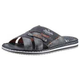 Pantolette Rieker, Herren, Gr. 43, blau (graublau used), Lederimitat, Textil, Schuhe Pantolette, Sommerschuh, Schlappen, Poolslides, mit kontrastfarbener Rahmennaht