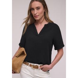 Kurzarmbluse Street One, Damen, Gr. 34, schwarz, Web, 100% Baumwolle, unifarben, normal normal, Rundhals, B&uuml;ndchen, Blusen, aus reiner Baumwolle