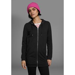 Sweatjacke Flashlights, Damen, Gr. 32/34, schwarz, Interlock, Obermaterial: 95% Baumwolle, 5% Elasthan. Kapuzenfutter: 100% Baumwolle, unifarben, Basic, l&auml;ssig geschnitten Po-bedeckend, Sweatjacken Sweatjacke, in langer Form mit Zipper